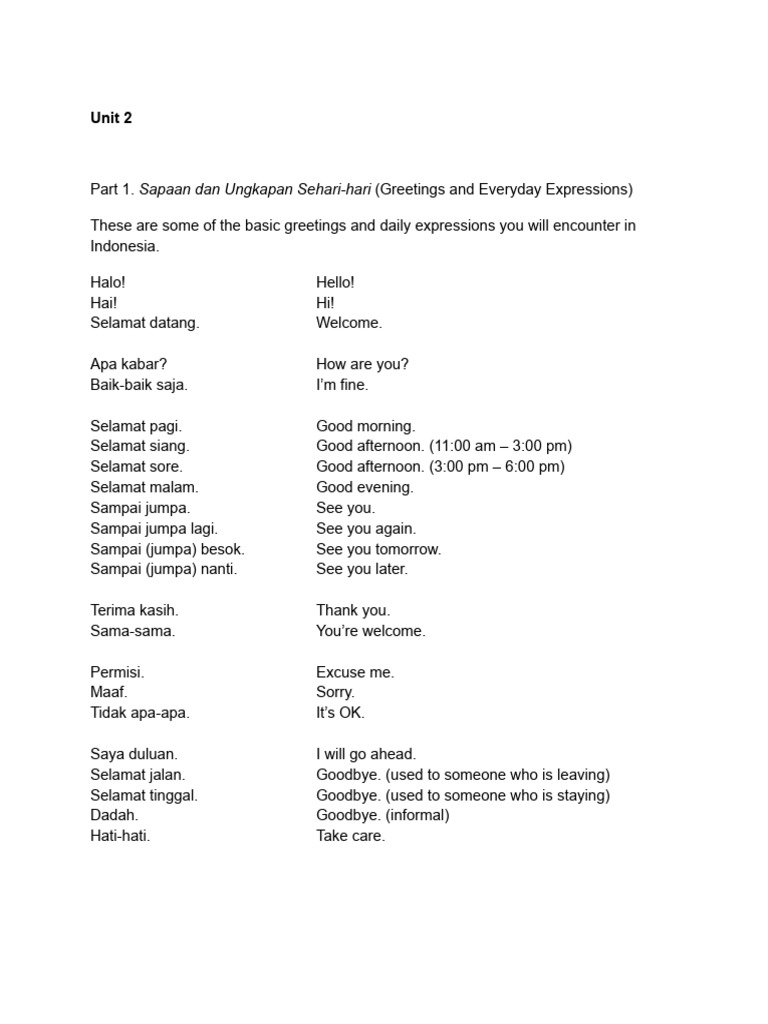 Unit 2 Notes | PDF | Indonesian Language | Indonesia
