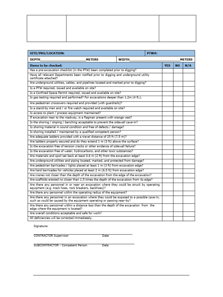 Excavation Safety Checklist | PDF