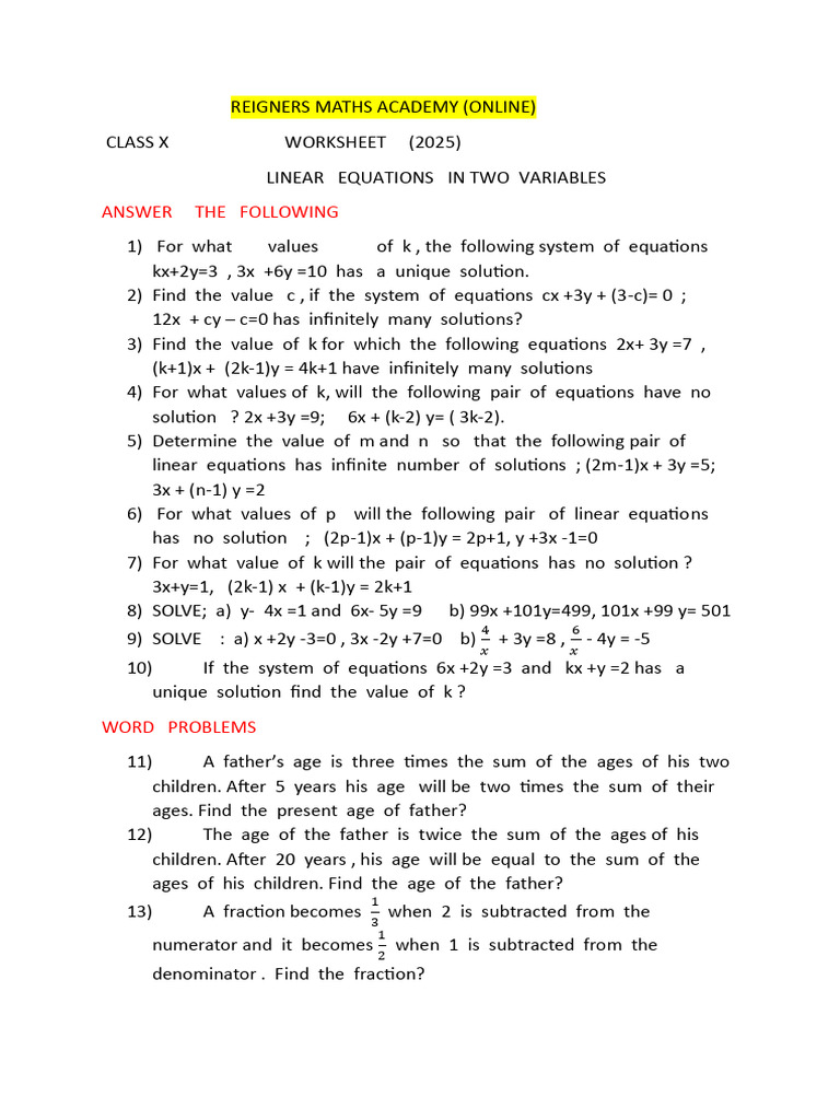 X Linear Equations in Two Variables 2024 | PDF | Equations | Discrete ...