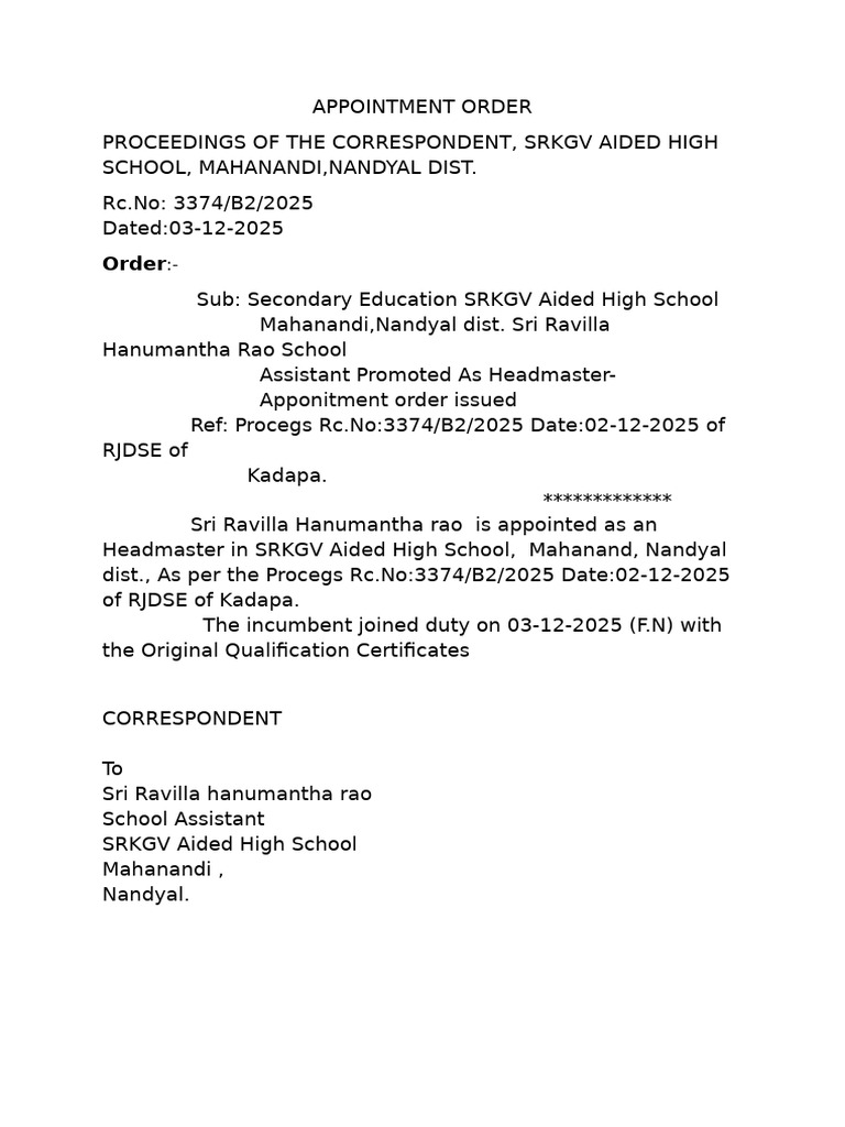 Appointment Order Headmaster | PDF