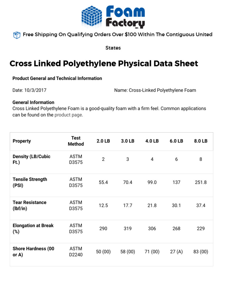 Cross Linked Polyethylene Data Sheet _ Foam Factory, Inc. | PDF | Cross ...