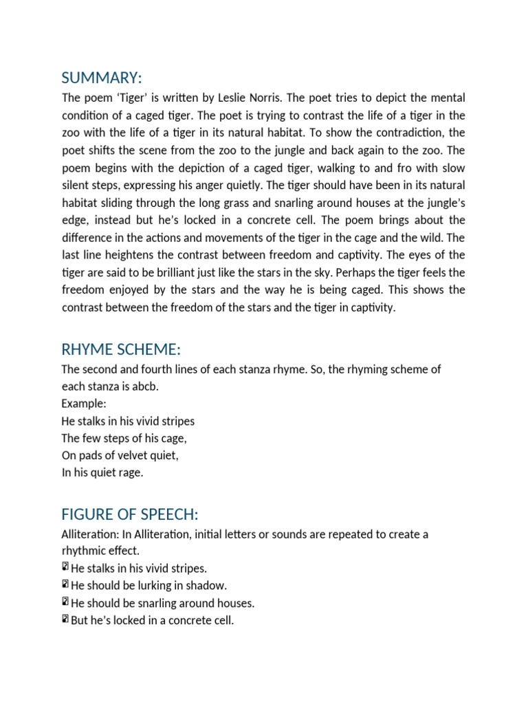 English Literature Tiger - Notes | PDF | Poetry | Tiger