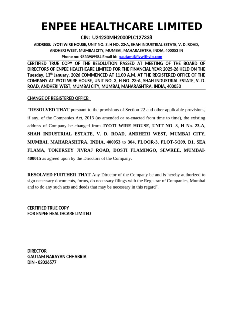 Board Resolution - Change of Registered Office - ENPEE HEALTHCARE ...