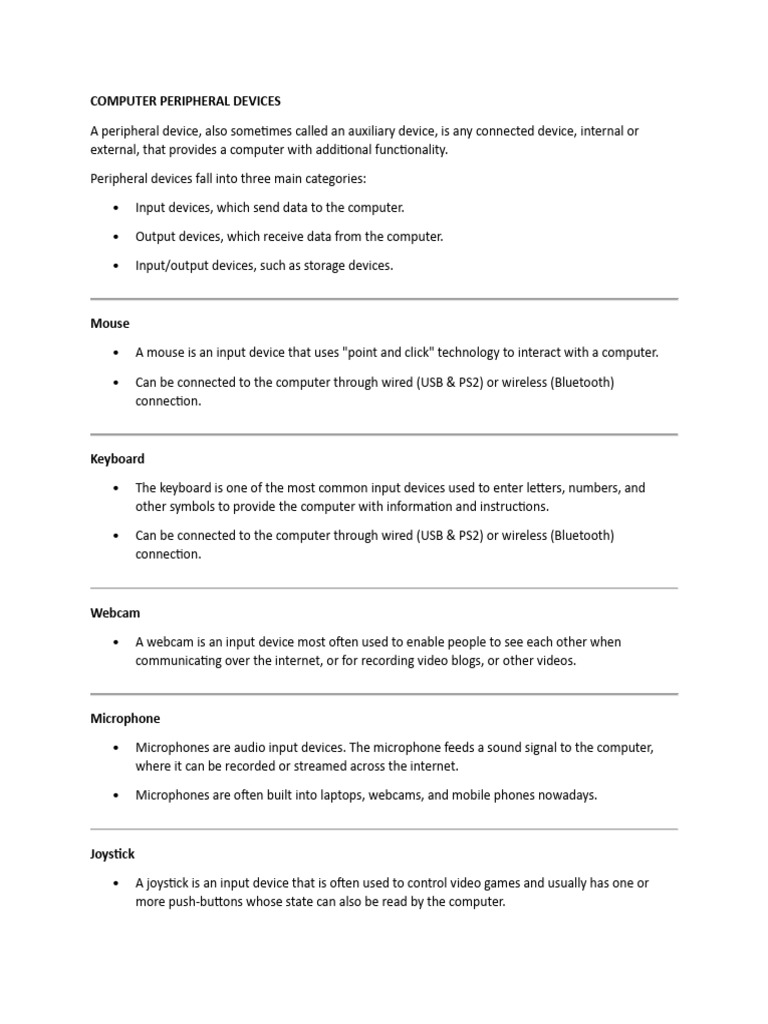 Computer Peripheral Devices - Reviewer | PDF | Peripheral | Input/Output