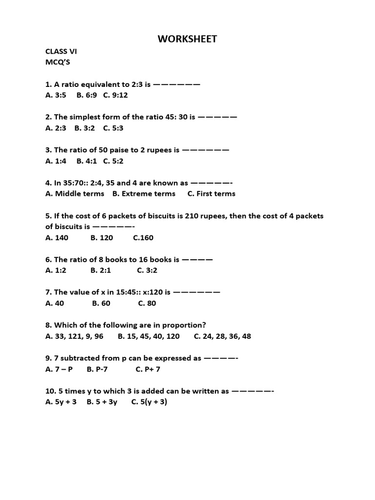 Class 6 Worksheet | PDF