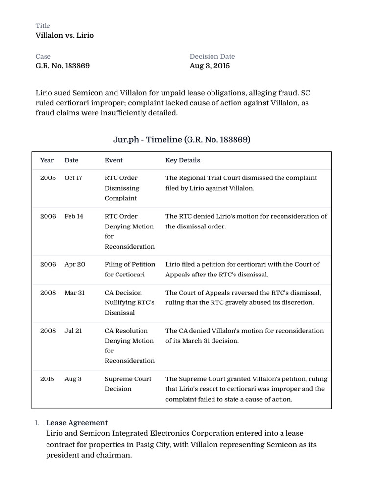 Villalon vs. Lirio - Timeline | PDF | Certiorari | Appeal
