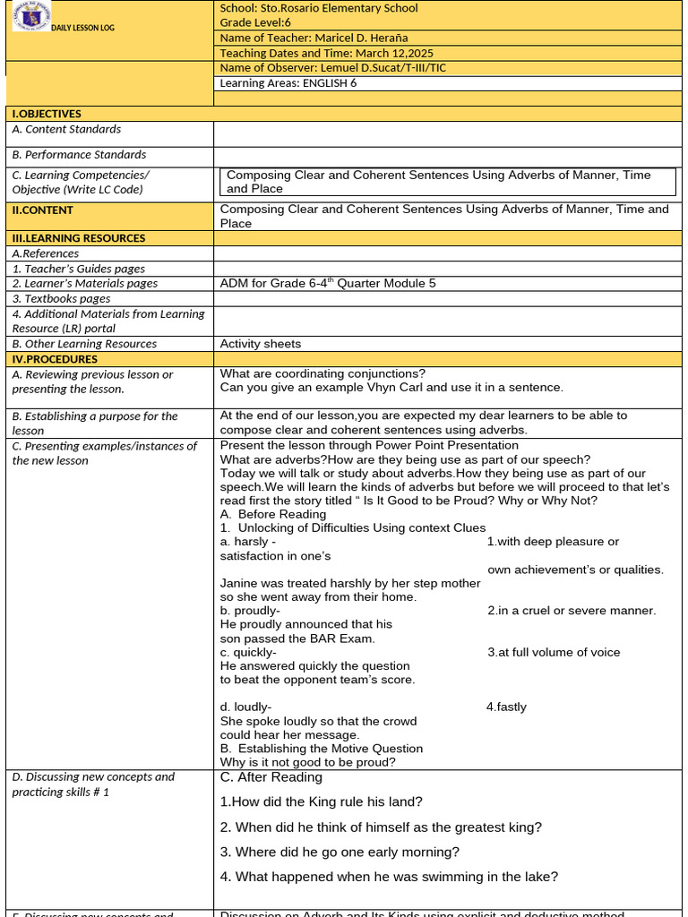 Cot Modified DLL 2024 2025 English 6 | PDF | Learning | Teachers
