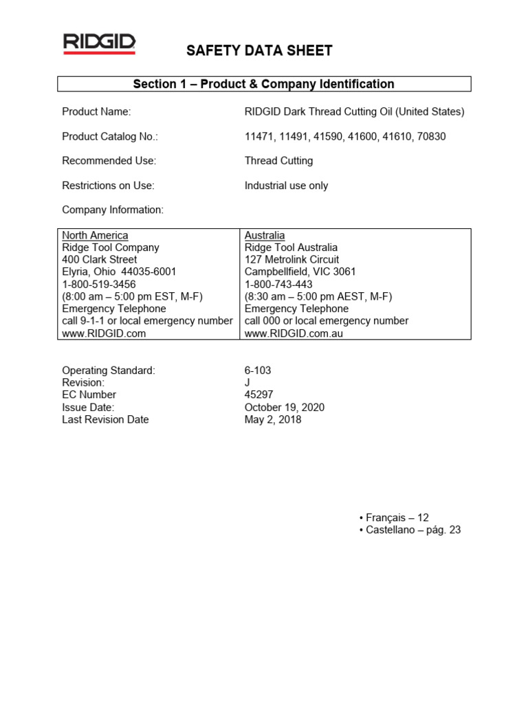 RIDGID Dark Thread Cutting Oil US SDS | PDF | Working Conditions ...