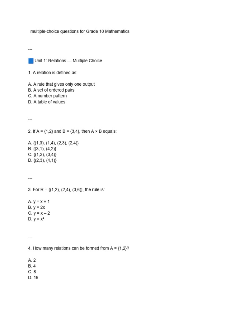 Grade 10 Mathematics Quiz | PDF | Function (Mathematics) | Chess Openings