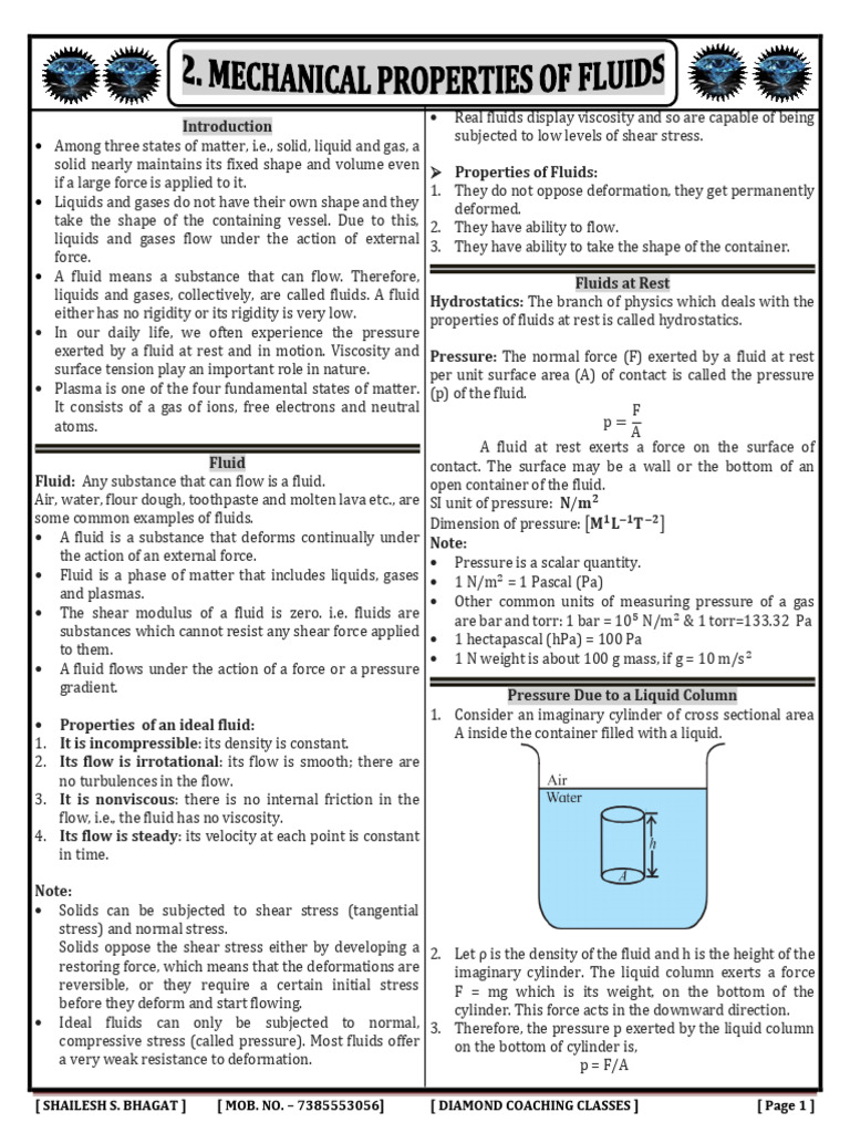 02.mechanical Properties of Fluids | PDF | Pressure | Fluid