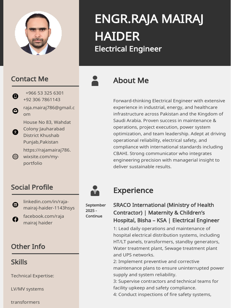 1143 Engr - Raja Mairaj Haider CV 2025 | PDF | Engineering | Electrical ...