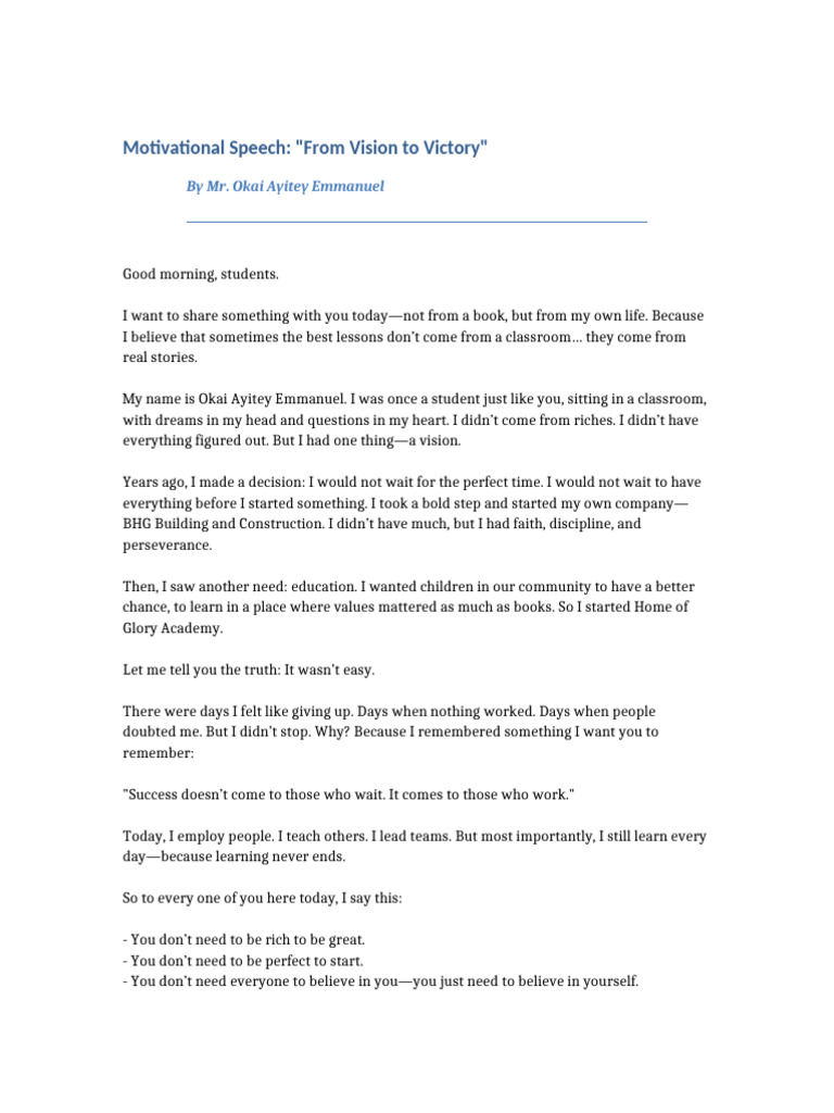Motivational Speech Okai Emmanuel | PDF