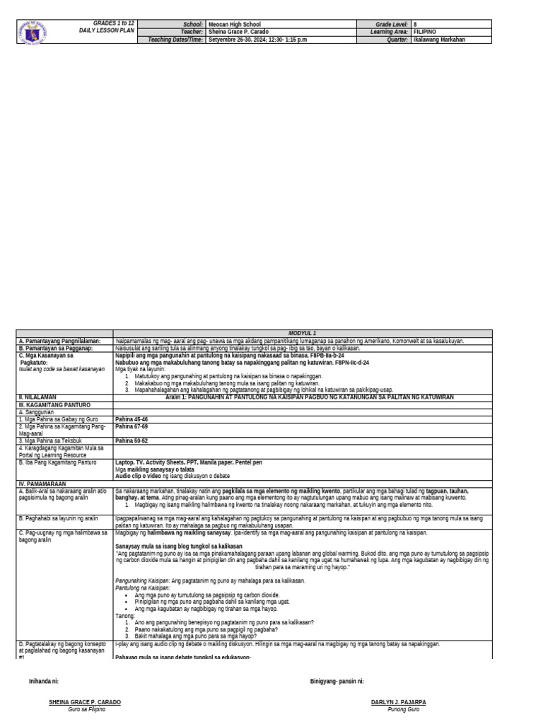 Filipino 8 q2 Module 1 | PDF