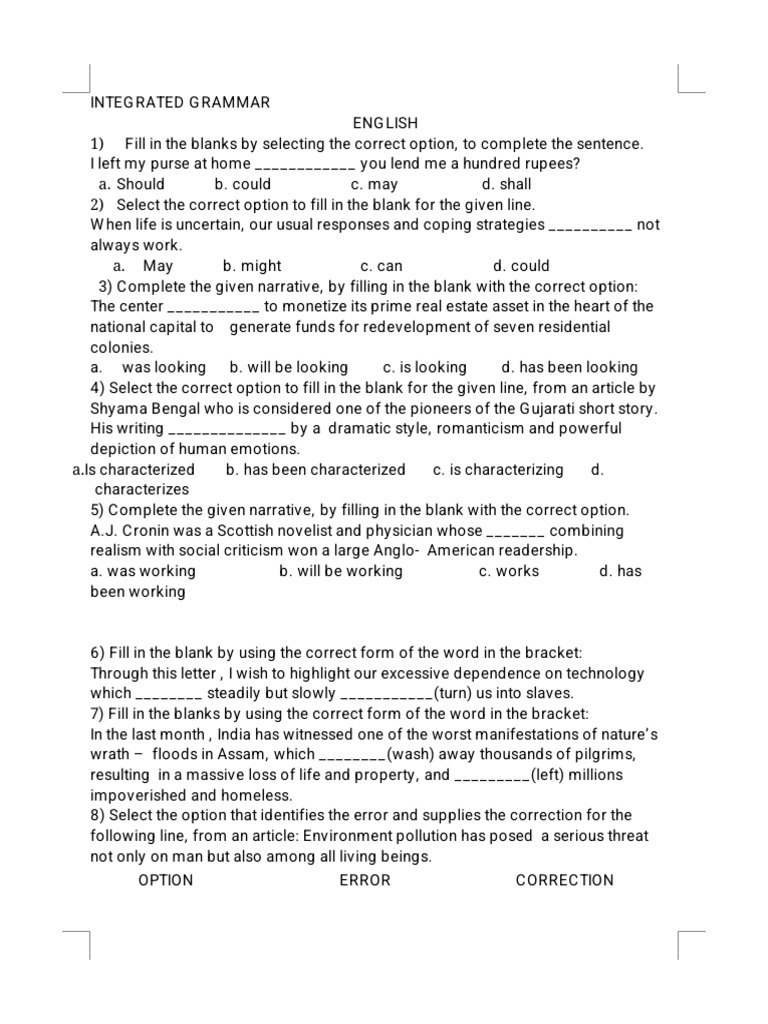 Integrated Grammar Exercises - Class 8 | PDF