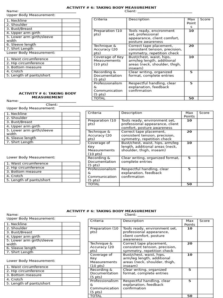 ACTIVITY TAKING BODY MEASUREMENT | PDF | Seam (Sewing)