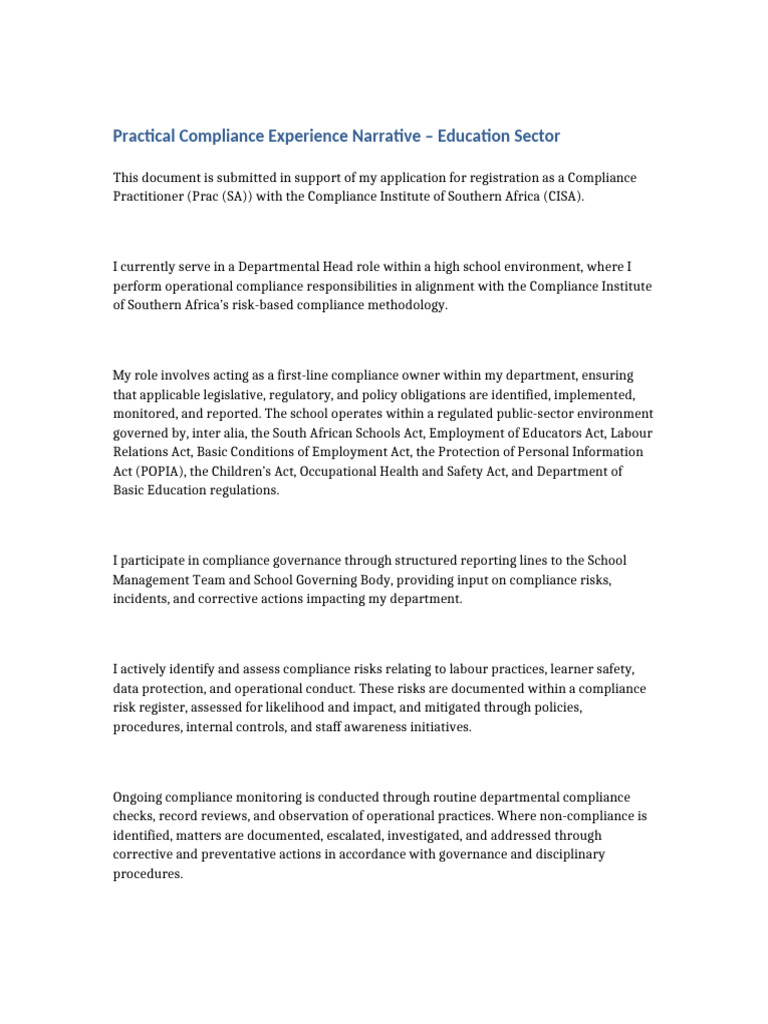 Prac SA Practical Compliance Experience Narrative | PDF | Regulatory ...