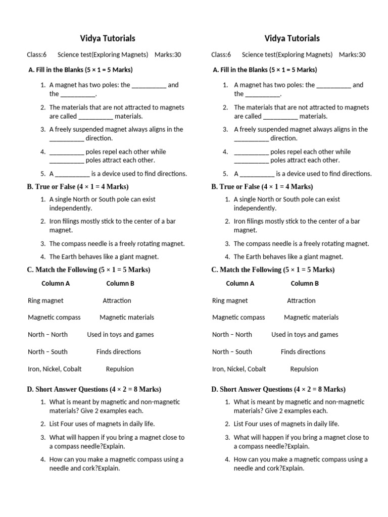 6th - Exploring Magnets 30 Marks | PDF | Magnet | Magnetism