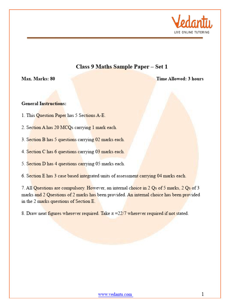 CBSE Class 9 Maths Sample Question Paper (Set 1) 2025-26 FREE PDF | PDF ...