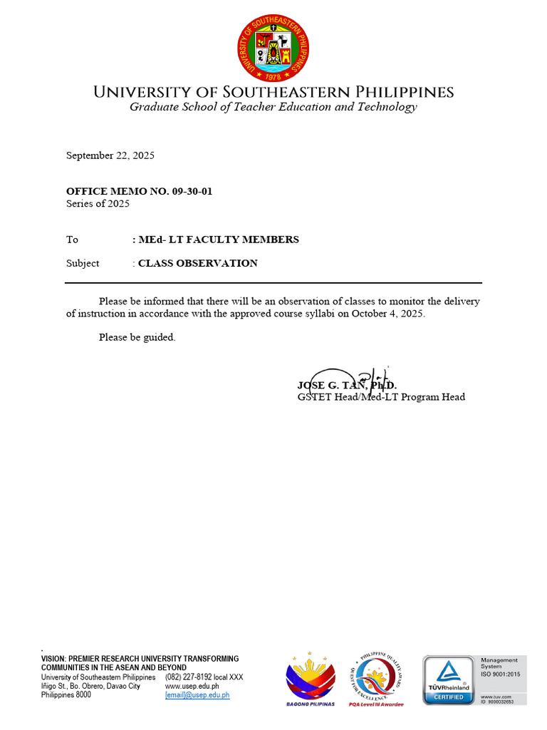 Memo Medlt Classroom Observation 1st Sem 2025 2026 | PDF
