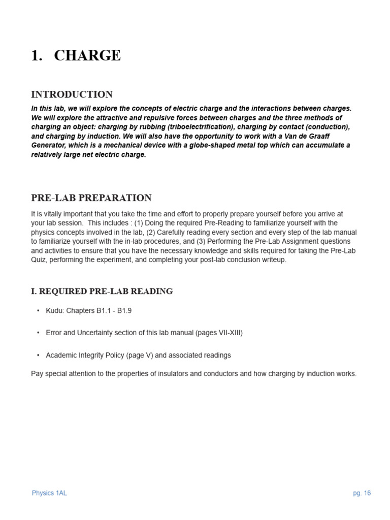 Physics 1BL 16 Lab1 Canvas-1 | PDF | Electric Charge | Force