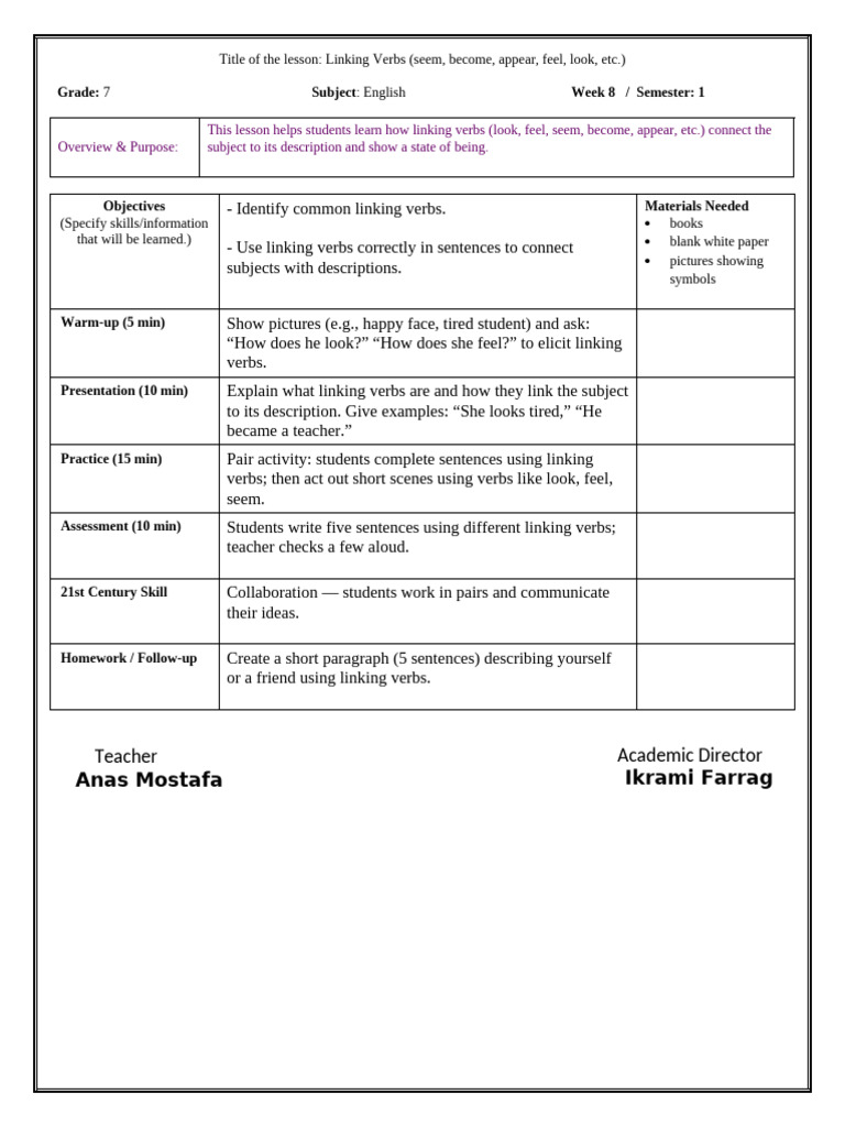 Week 8 Grammar- Linking Verbs | PDF | Subject (Grammar) | Verb