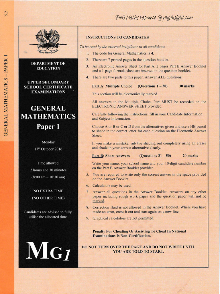 2016 Gen Math Paper 1 | PDF