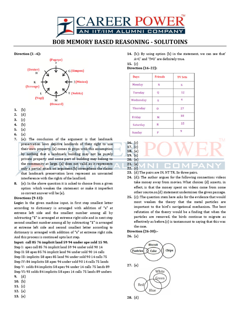 Reasoning Solution 2016 Memory Based Questions | PDF