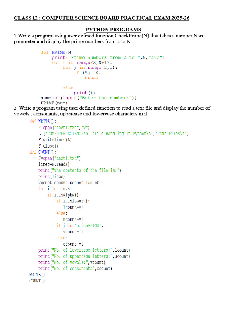 Class 12 Practical With Answers | PDF | Sql | Computer Programming