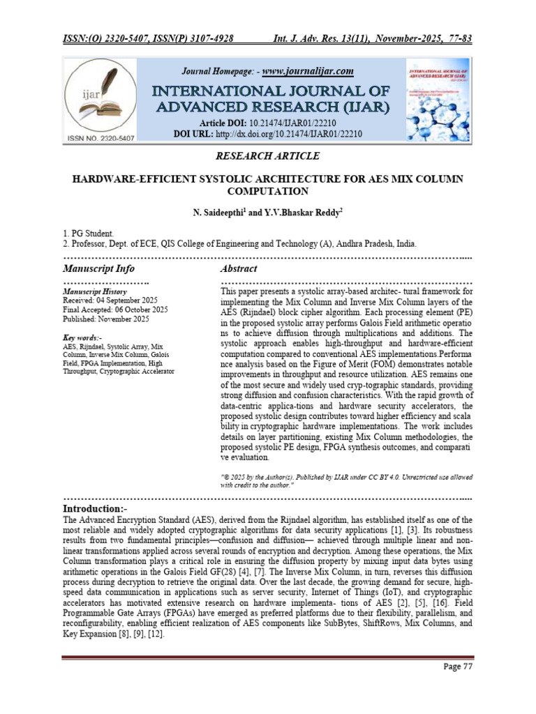 HARDWARE-EFFICIENT SYSTOLIC ARCHITECTURE FOR AES MIX COLUMN COMPUTATION ...