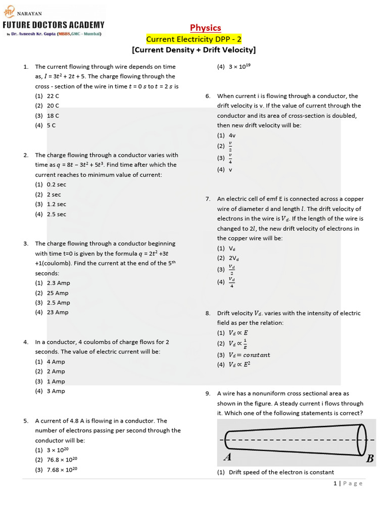 Current Electricity DPP - 2 (Current Density + Drift Velocity) | PDF ...