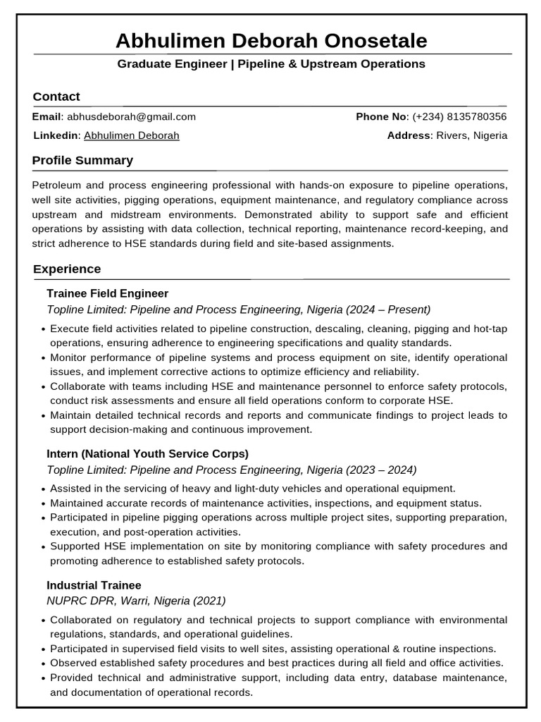Abhulimen Deborah Onosetale CV 2 | PDF | Regulatory Compliance | Safety