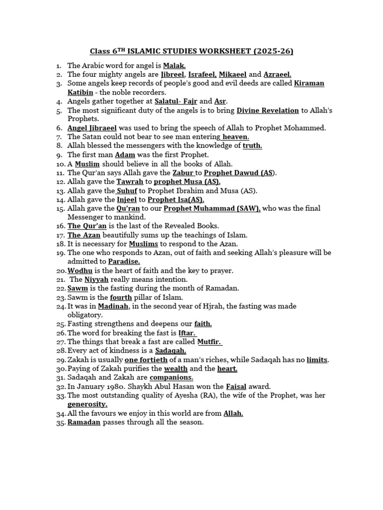 Class 6th Islamic Studies Worksheet. | PDF