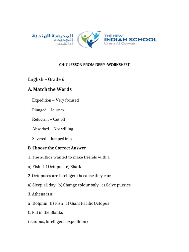Worksheet CH-7 Lessons From The Deep | PDF