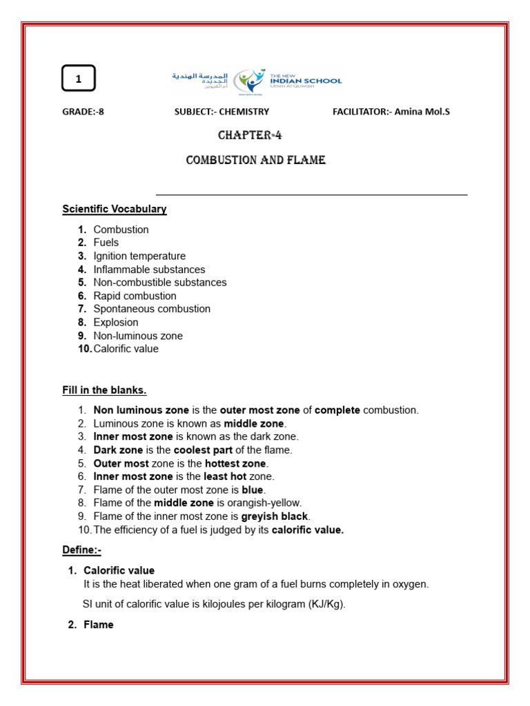 Gr8-Lesson -4 Combustion & Flame Full Notes | PDF | Combustion | Calorie