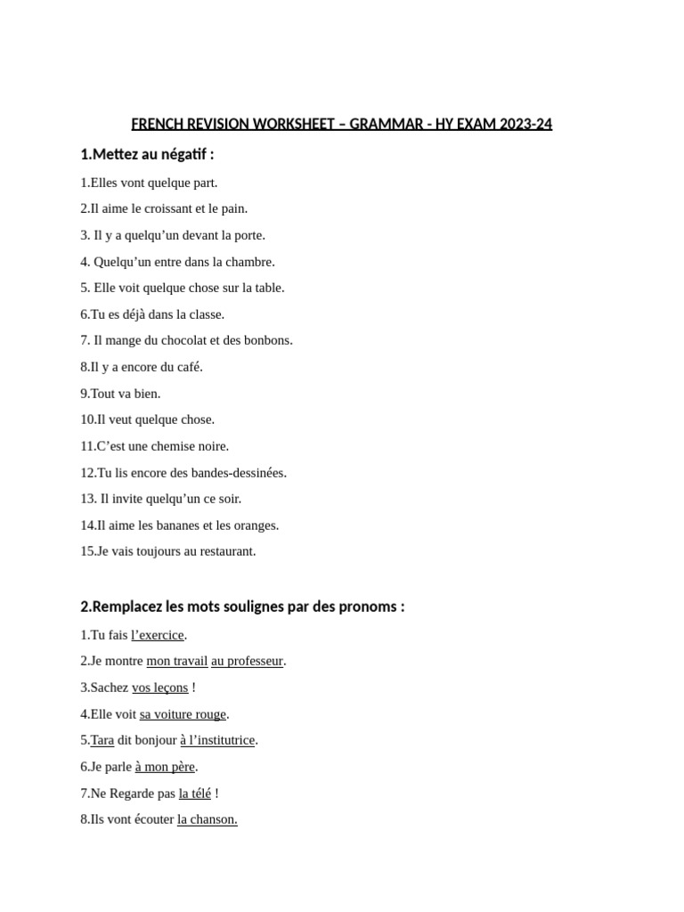 French Practice Worksheet - Grade 8 Hy Exam 2023-24 | PDF