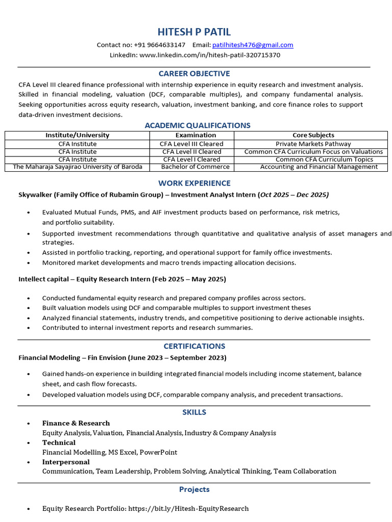Hitesh Resume | PDF | Valuation (Finance) | Financial Modeling