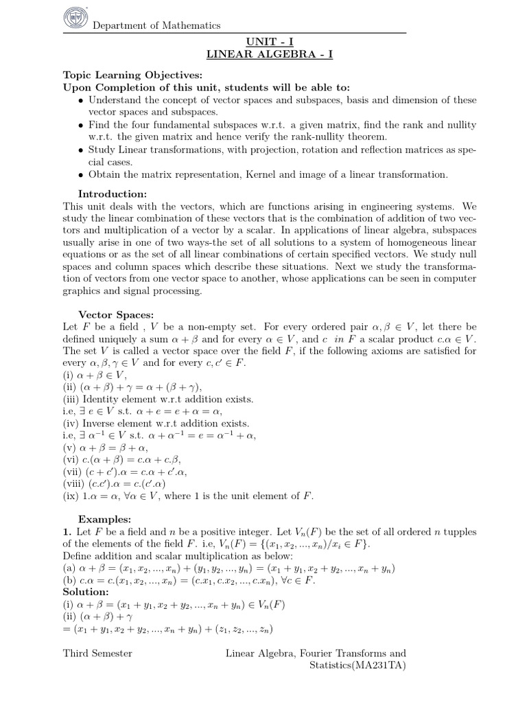 Unit I Linear Algebra I-MA231TA | PDF | Linear Map | Linear Subspace