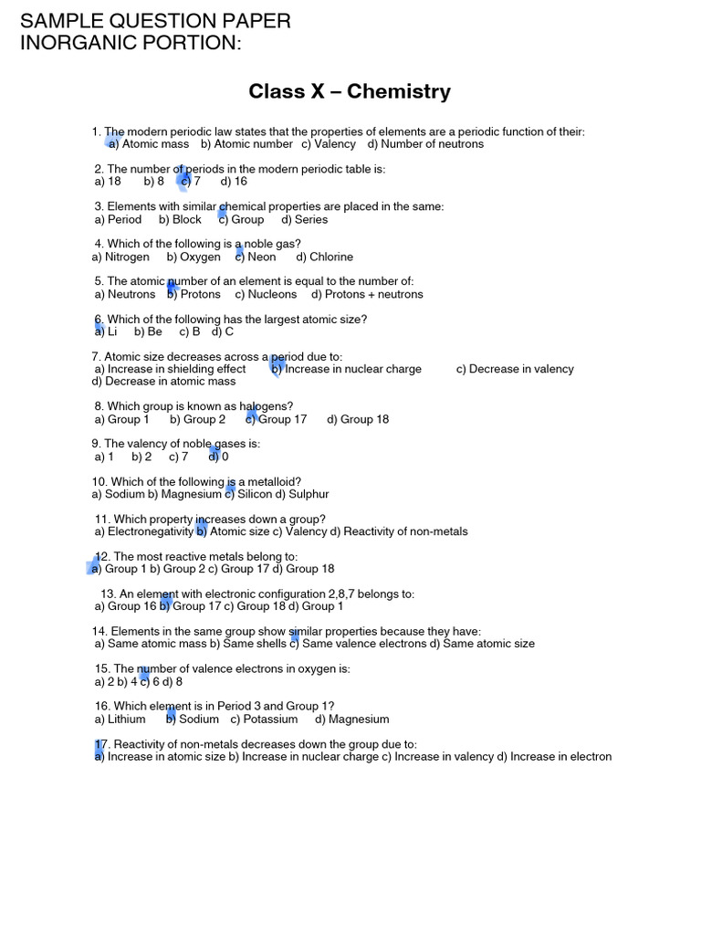 Class 10 Modern Periodic Table 20 MCQs PDF | PDF | Periodic Table ...
