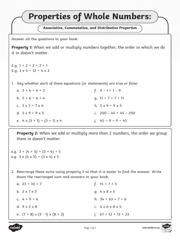 Properties of Whole Numbers Associative Commutative and Distributive ...