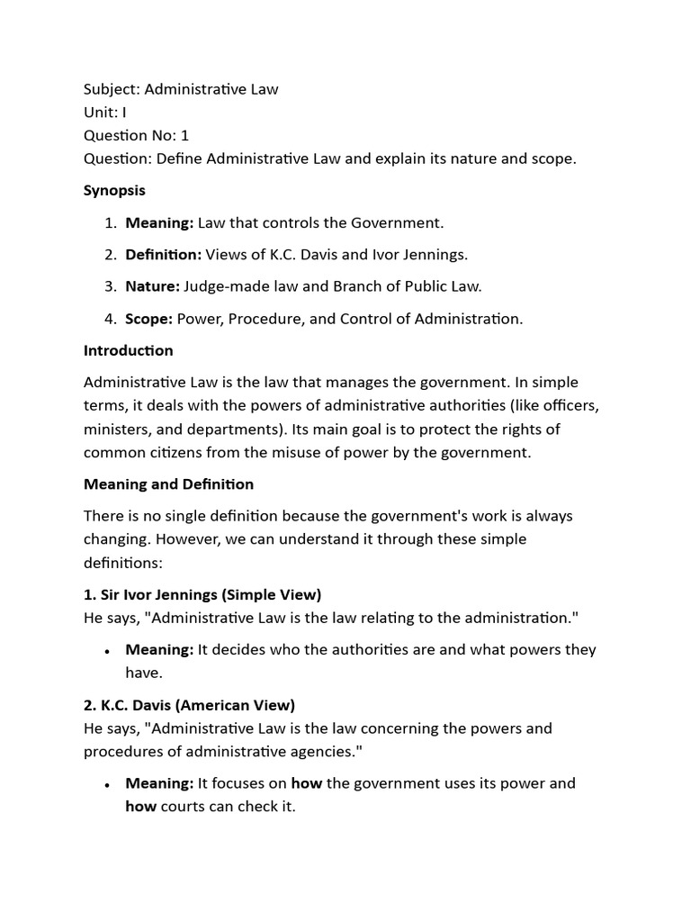 Administrative Law Unit 1 | PDF | Separation Of Powers | Rule Of Law