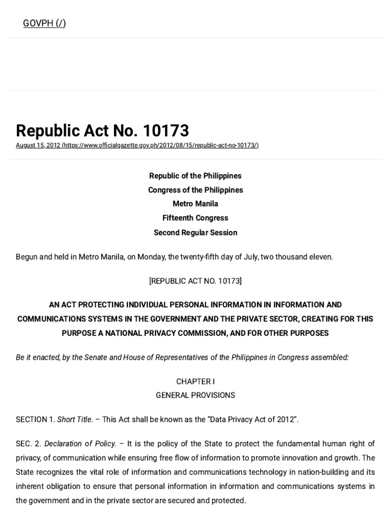 Republic Act No. 10173 - Official Gazette of The Republic of The ...