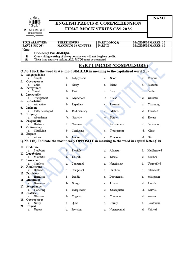 Precis and Comprehension Final Mock Series Css 2026 | PDF | Thomas ...