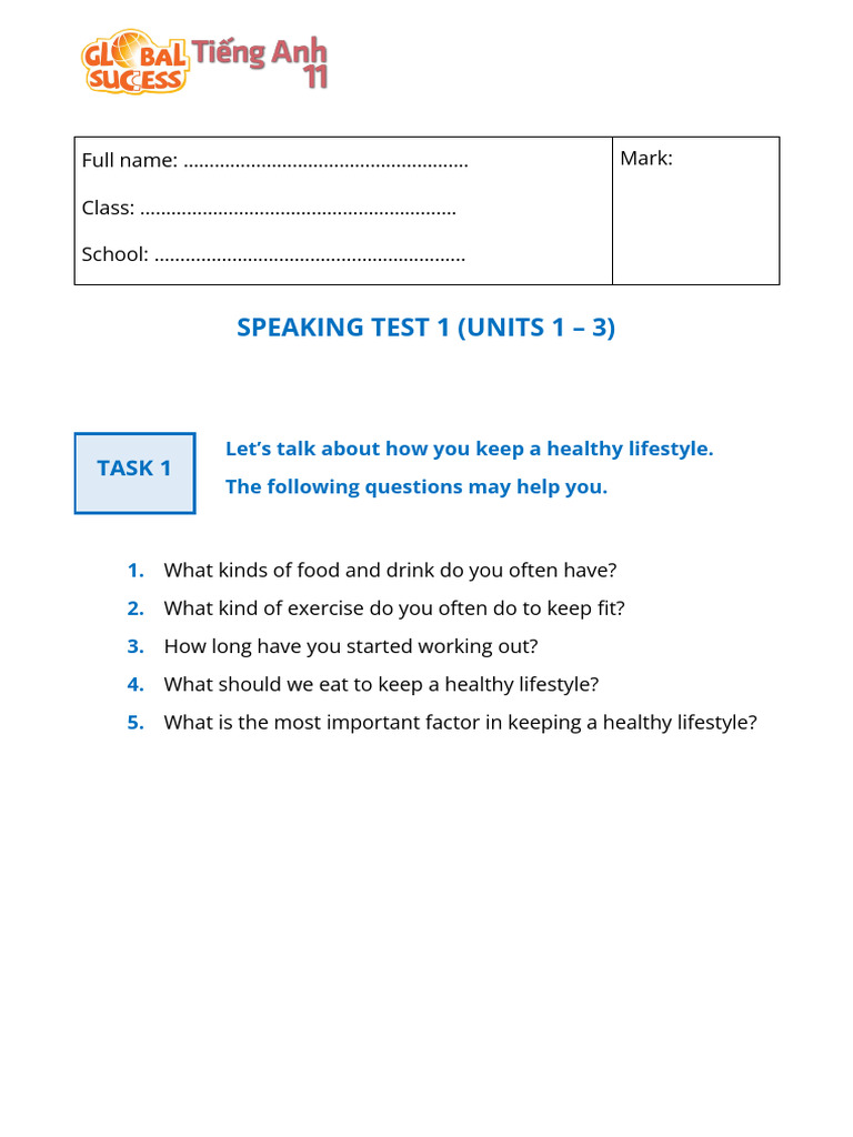 Speaking Test 1 (Units 1-3) | PDF