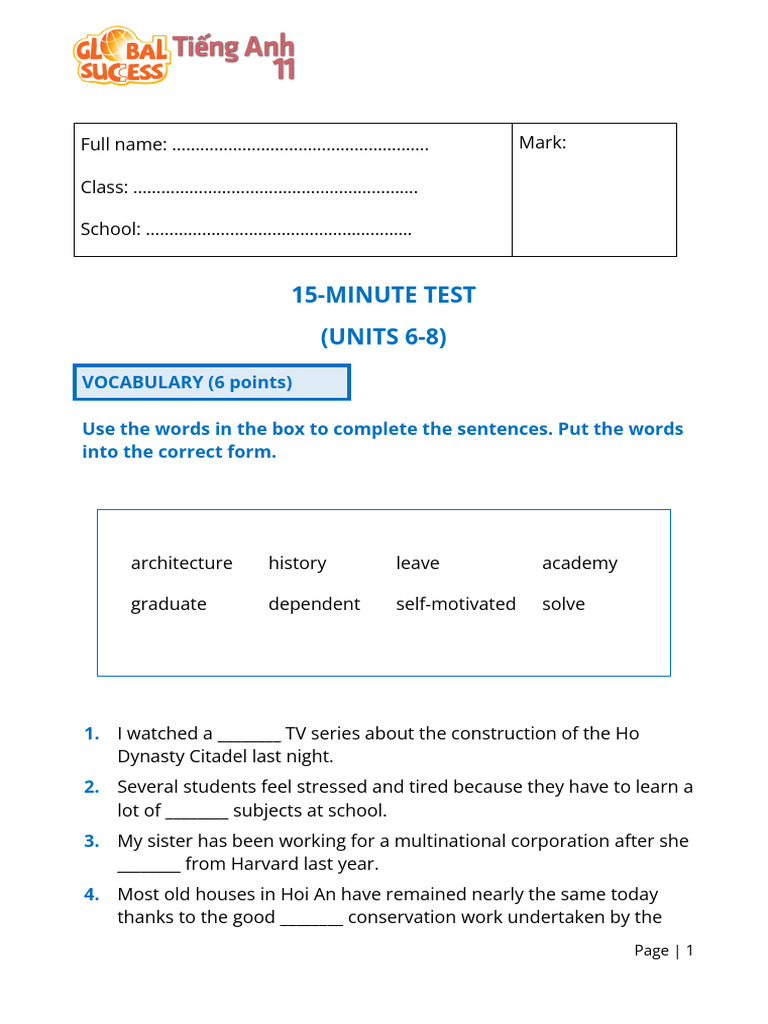 15-Minute Test 3 (Units 6-8) | PDF