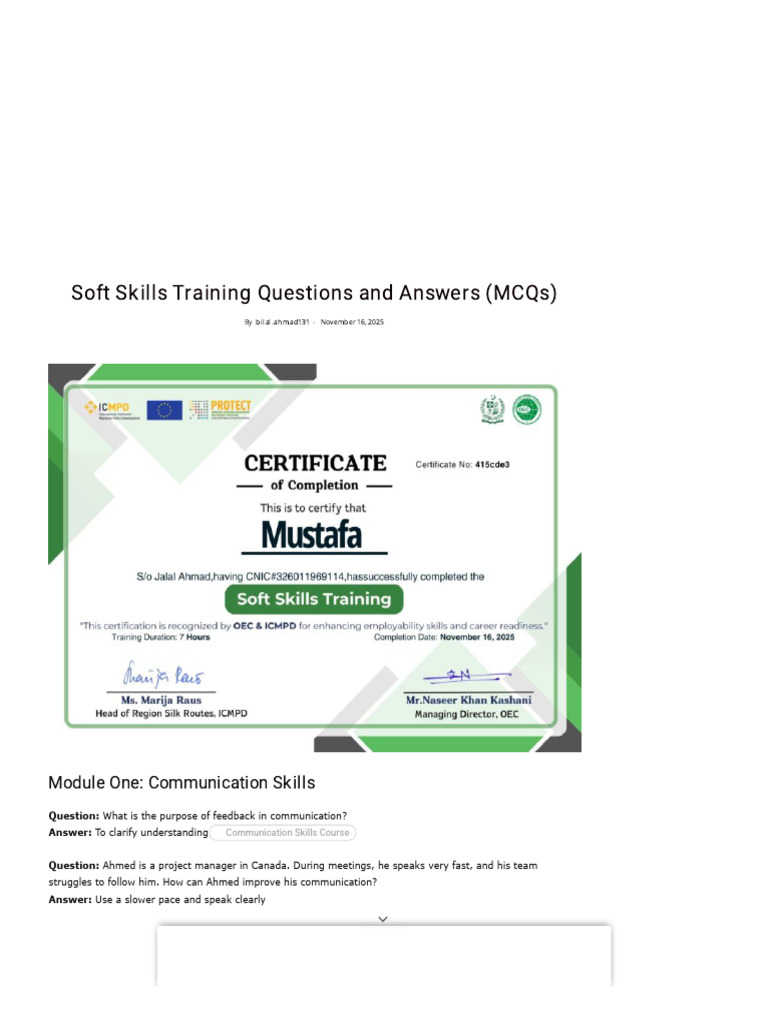 Soft Skills Training Questions and Answers (MCQS) 90s Mentor | PDF ...