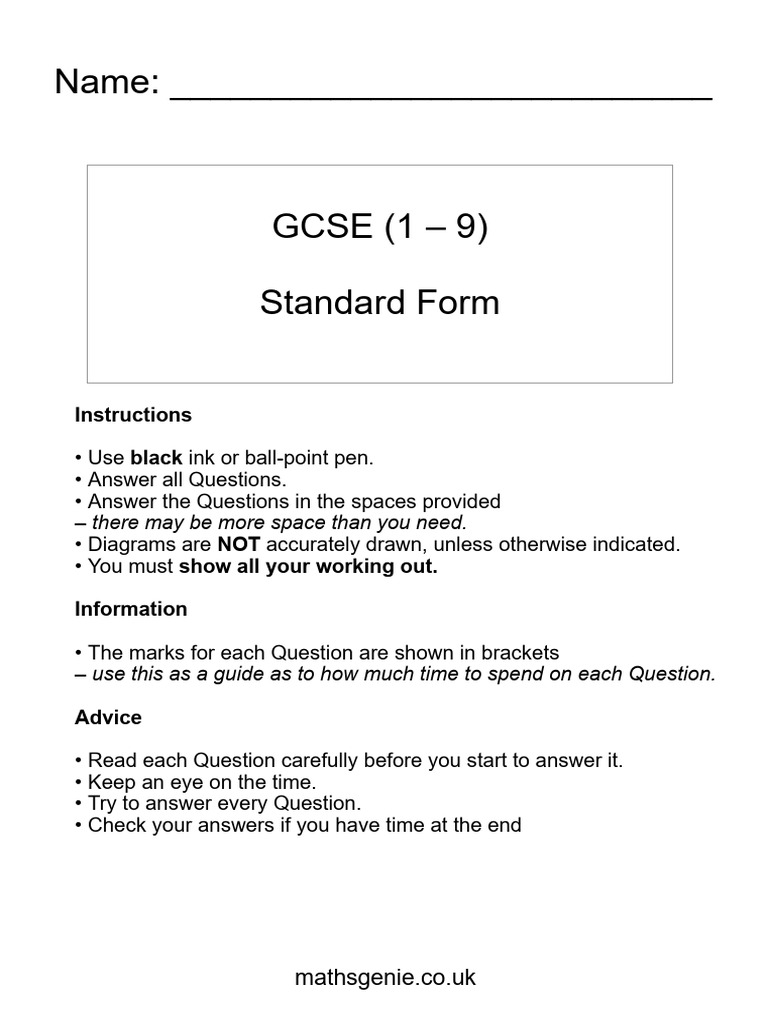 5 Standard Form With Answer | PDF | Physical Quantities