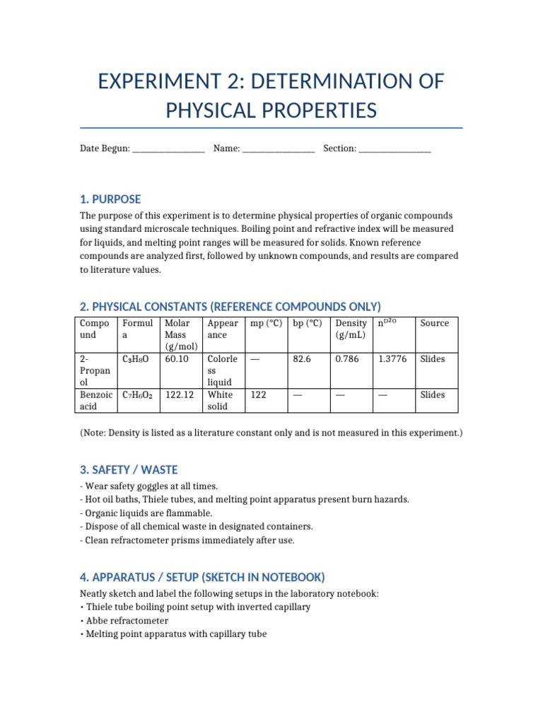 Experiment 2 Physical Properties PreLab | PDF | Melting Point | Liquids