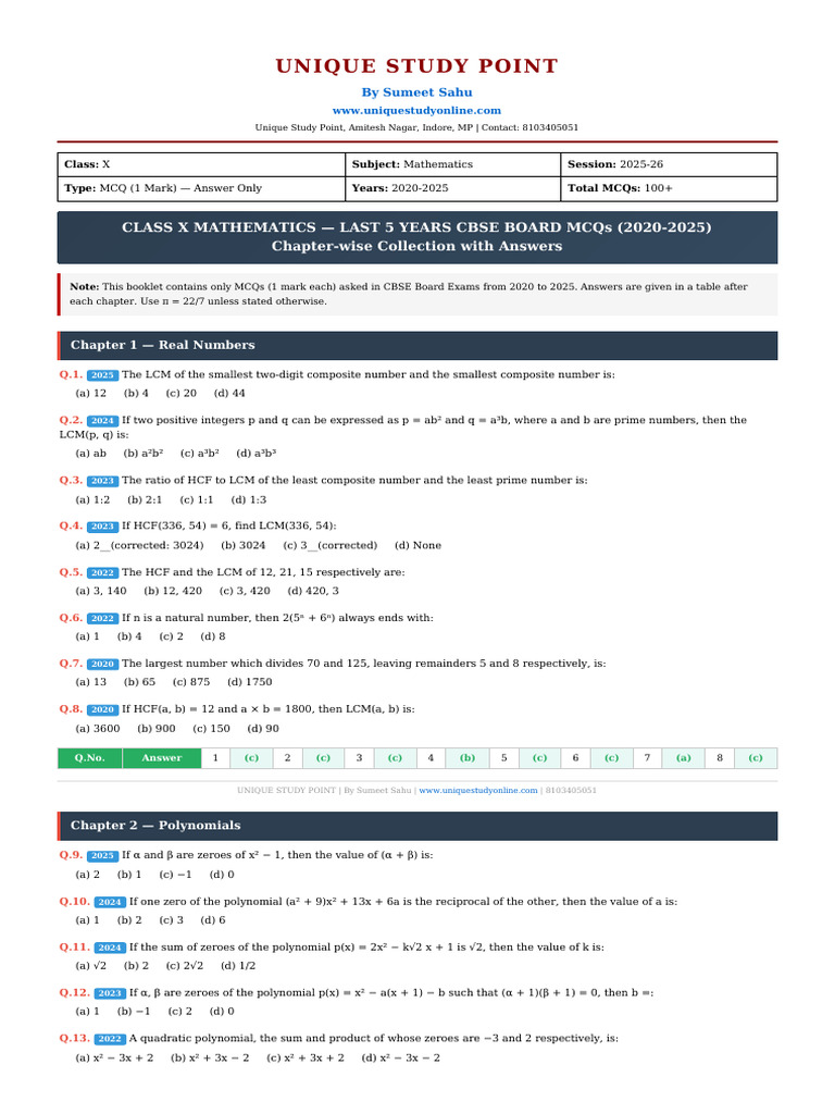 Class X Maths MCQ Last 5 Years CBSE 2020 2025 | PDF | Area | Circle