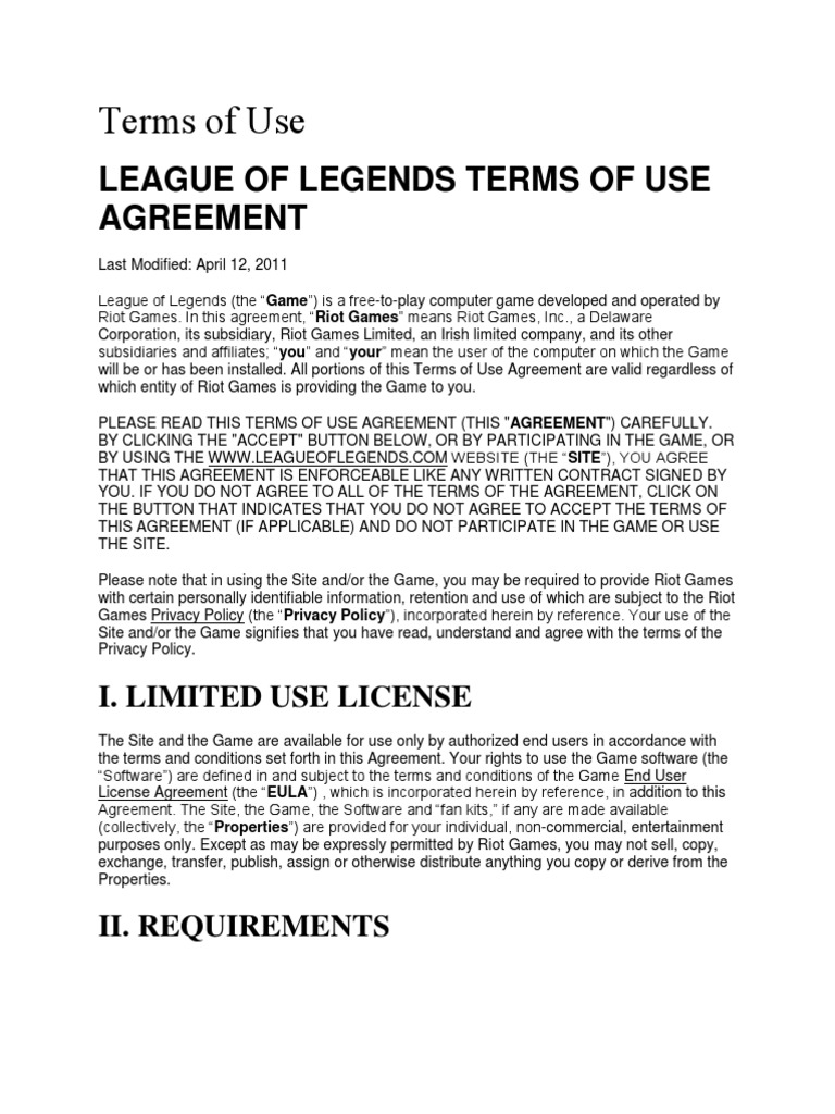 League of Legends Terms of Use Agreement | PDF | Damages | Internet Forum
