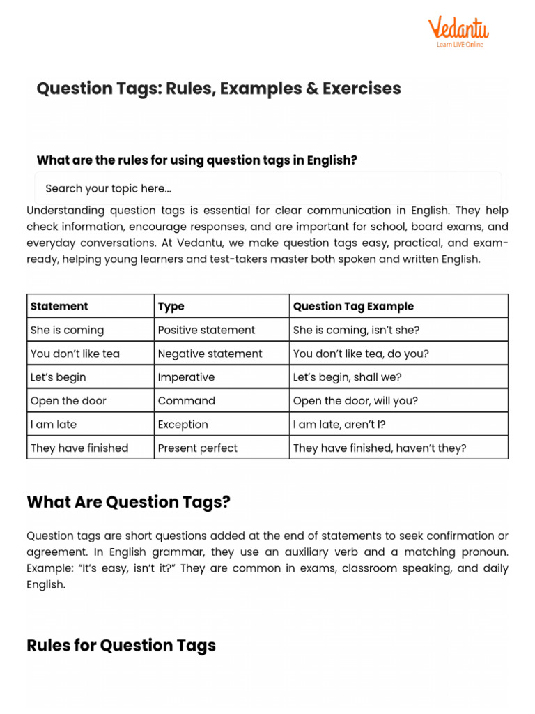 Question Tags - Rules, Examples & Exercises | PDF
